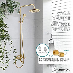 gotonovo Exposed Shower Faucet Set 8 Rain Shower 2 Double Knobs Handle Gold Polish Triple Function Tub Spout Shower Fixture Combo System Unit Set