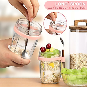 KAIZHOUZHOU 16oz Glass Mason Overnight Oats Jars, Cereal, Yogurt, Salad Lunch,Glass Overnight Oats Containers with Lids and Spoon, Container with Measurement Marks -(Yellow&Pink&White&Gray-4Pcs)
