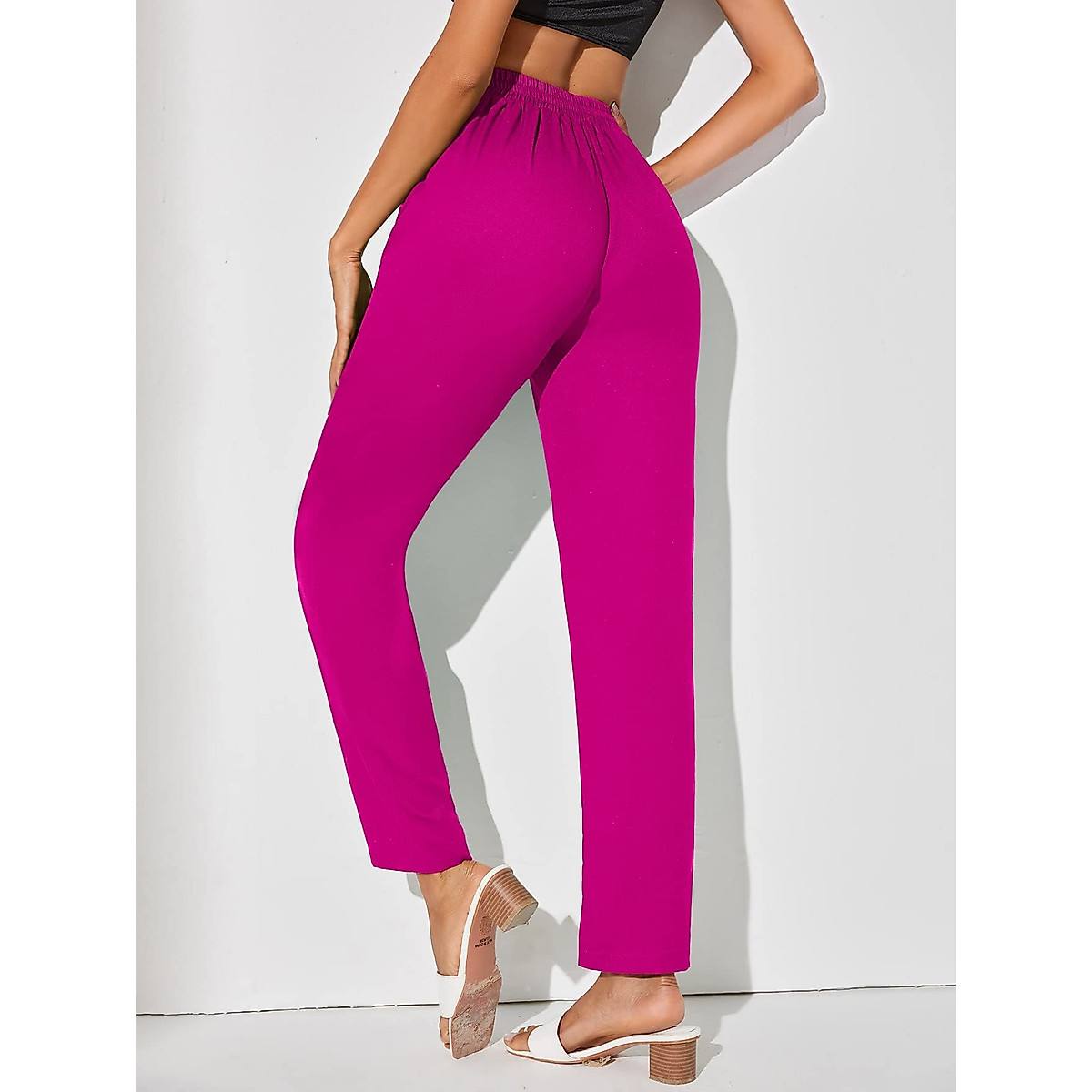 WDIRARA Women's Stretchy Plaid Print Pants Soft Skinny Regular Fashion Leggings Hot Pink Solid L