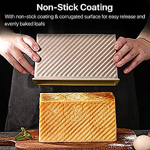 Flexzion Pullman Loaf Pan with Lid Cover (2 Pack) for Baking Oven Sandwich Bread Toast - 1lb Dough Capacity Square Corrugated Cake Mold Non-Stick Carbon Steel Box Bakeware Kitchen Accessories (Gold)
