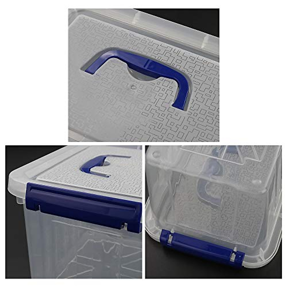 Hespama 6 Quart Storage Bin, Plastic Latching Box/Container with Clear Lid, Dark Blue Handle and Latches, 4 Packs