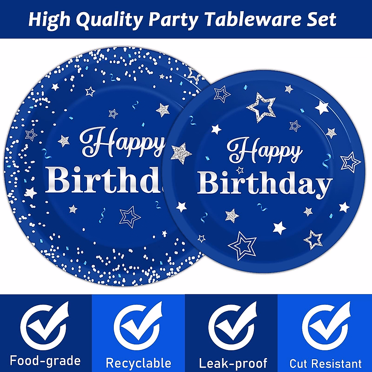 Tevxj Birthday Party Tableware Set, 96PCS Navy Blue and Silver, Disposable Plates, Napkins, Forks for 24 Guests, Place Setting for Men and Boys