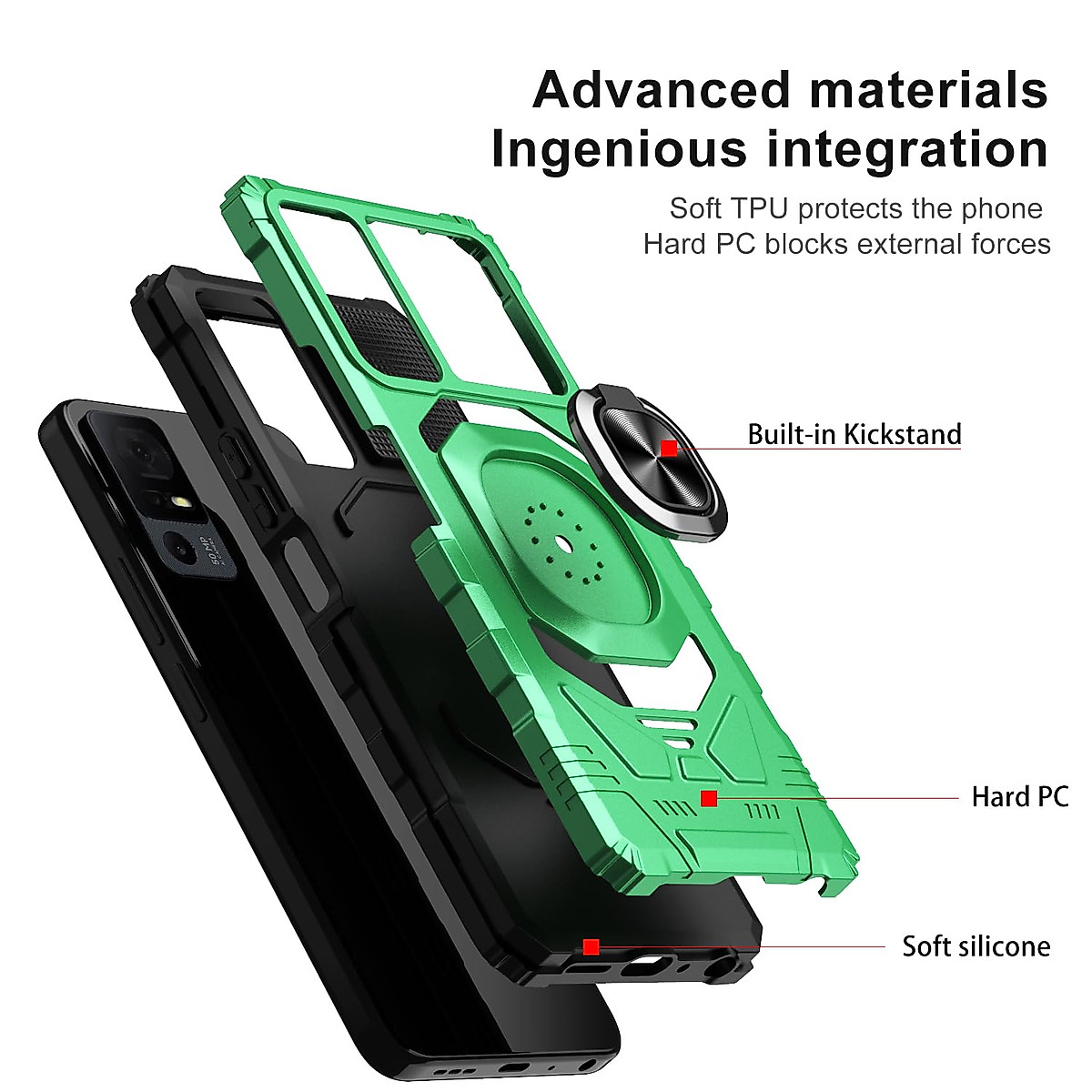for TCL 40XL Case/TCL 40T Case/Jitterbug Smart 4 Case with Screen Protector,Magnetic Car Ring Stand Soft Silicone Bumper Military Grade Phone Case for TCL 40 XL/TCL 40 T T608DL /Lively Smart4 Green