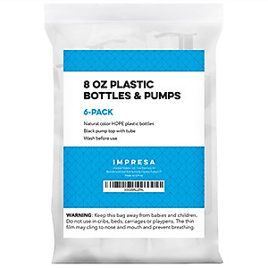 IMPRESA 6 Pack 8 Oz Plastic Pump Dispenser Bottles for Lotion, Massage Oil, Shampoo and More! - Refillable, BPA Free Clear/Frosted Empty 8oz Containers - Fit Into Holsters, Bulk