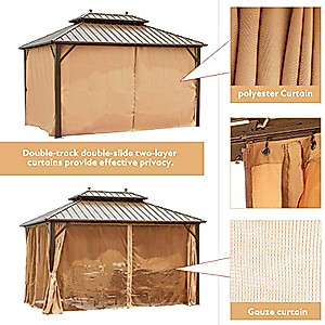 MELLCOM 10' X 13' Hardtop Gazebo, Galvanized Steel Vertical Stripe Double Roof Outdoor Gazebo, Aluminum Frame Metal Gazebo with Netting and Curtains for Patios, Gardens, Lawns