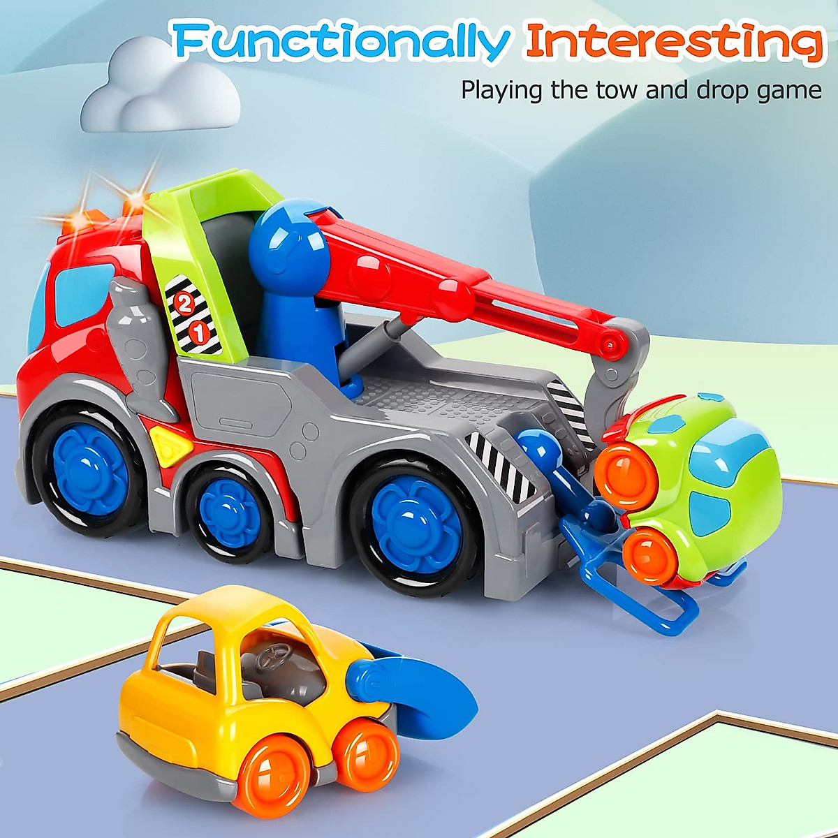 Yeedie 12 Inch Big Tow Truck with Hook and Bulldozer Car for Toddler Boys Girls, Friction Power Car Construction Toys with Sound & Light for Kids Birthday