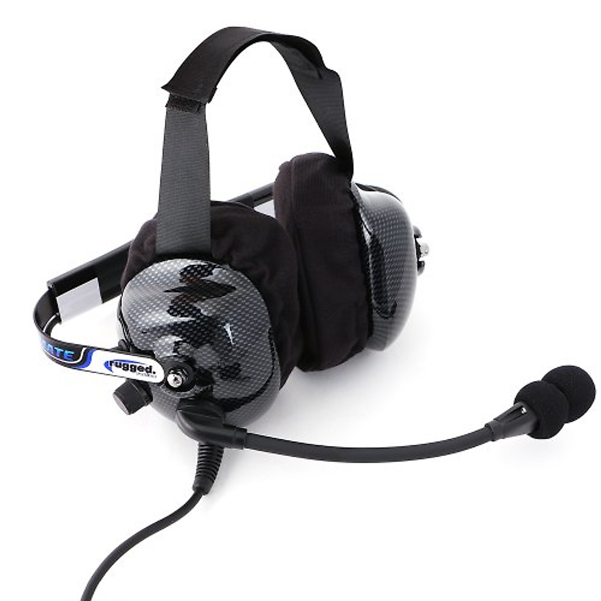 Rugged Carbon Fiber Behind The Head Ultimate Headset for Off Road Air Boats Intercoms - Features Gel Ear Seals Cloth Ear Covers and Noise Cancelling Microphone