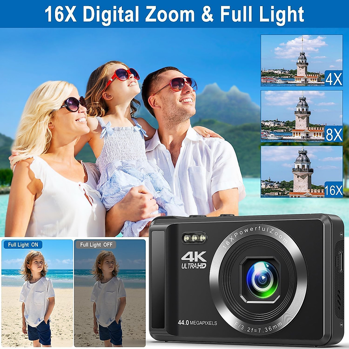 Digital Camera 4K 44MP Compact Camera with 16X Digital Zoom, Auto-Focus Kids Point and Shoot Digital Camera with 32GB SD Card, Portable Camera for Teens Kids Boys Girls