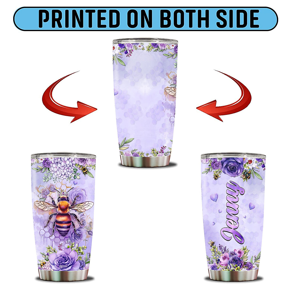 WONWIX Personalized Bee Tumbler Customized Name Queen Bees Gifts For Women Mug Cups Water Bottle 20oz Gift Birthday Valentine Christmas From Lover Insulated Stainless Steel Coffee Cup With Lid