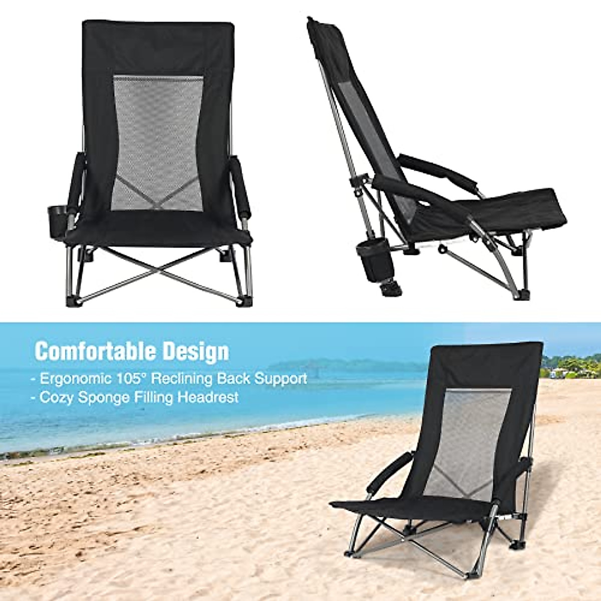 REDCAMP High Back Beach Chairs for Adults, Oversided Folding Low Beach Chairs for Concerts, Lightweight Portable for Camping Backpacking Outdoor Sports Events, Black