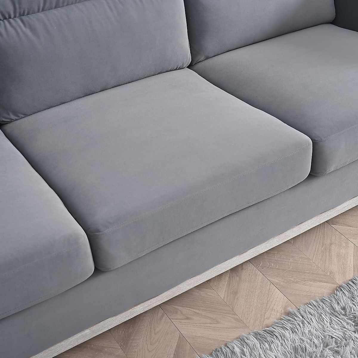 FIRLZY Comfy Three-Seater Solid Wood Sofa - Plush Cushions, Thick Backrest, Sturdy and Enduring - Ideal Couch for Living Room, Apartment, or Bedroom (Gray Velvet, 3-Seater)