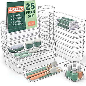 Ruboxa Clear Drawer Organizer - 25 PCS Clear Plastic Drawer Organizers for Home Organization and Storage, Including 4 Sizes Small Organizer Bins, Non-Slip Pads, for Bathroom, Kitchen, Vanity & Office