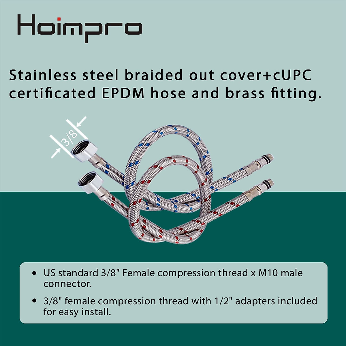 Hoimpro 24-Inch Long Bathroom Kitchen Faucet Connector Braided Stainless Steel Supply Hose,cUPC Hose 1 pair 3/8-Inch Female Compression Thread x M10 Male Connector, x 2 Pcs