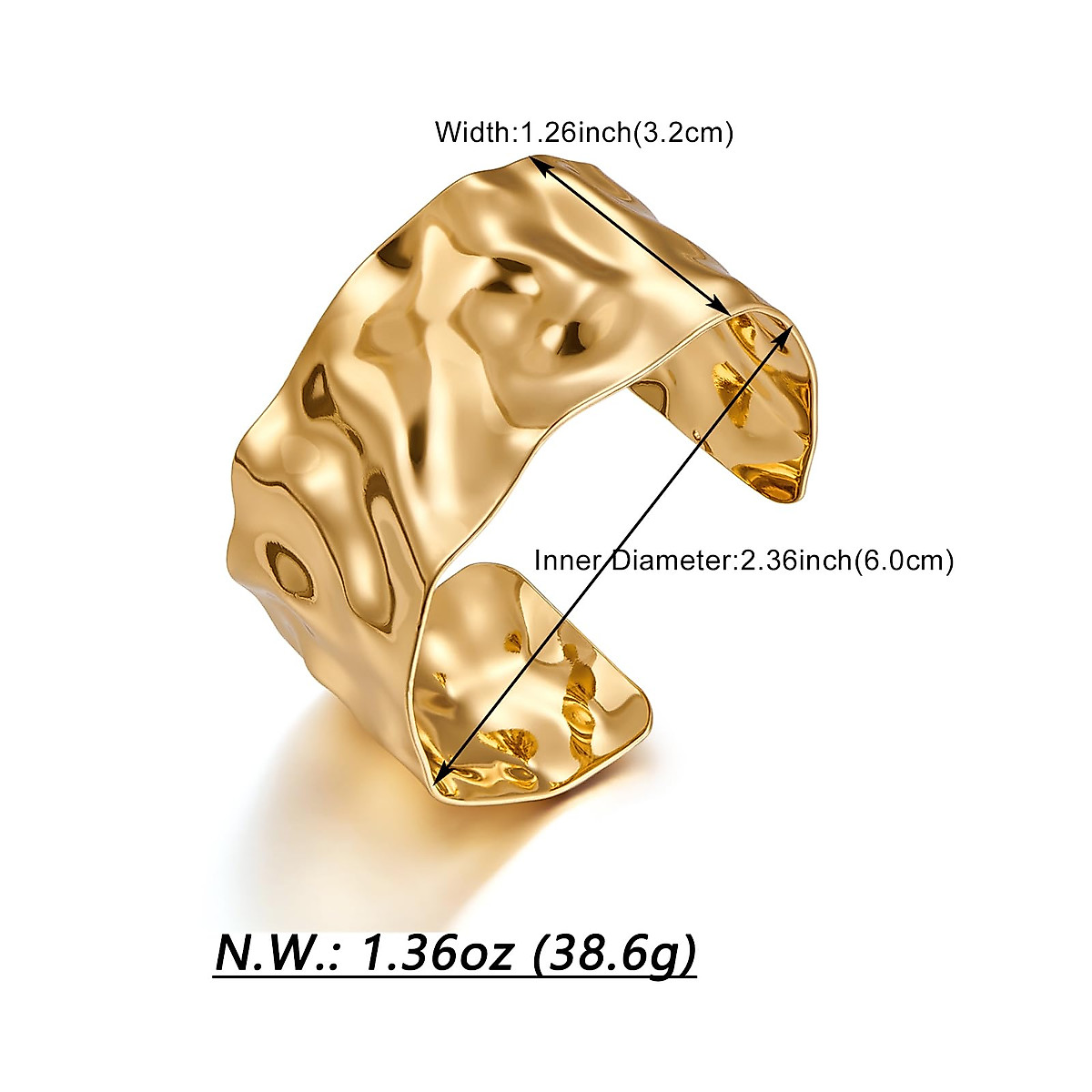 WOWORAMA Hammered Gold Cuff Bracelet for Women Wide Chunky Open Cuff Bangles Vintage Statement Gold Bracelet Adjustable Thick Wrist Cuff Bracelets