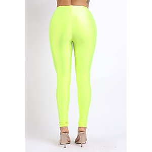 OFENTI Shiny Leggings High Waist Neon Leggings Elastic Stretch Skinny Comfy Lightweight Pants Tights Disco Party Rave Neon Yellow Medium