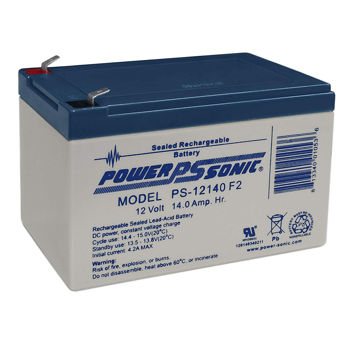 Powersonic PS-12140 - 12 Volt/14 Amp Hour Sealed Lead Acid Battery with 0.250 Fast-on Connector
