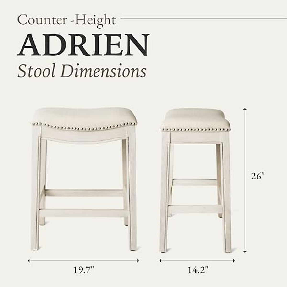 Maven Lane Adrien 26 Inch Counter Height Upholstered Backless Saddle Barstool in White Oak Finish with Natural Color Fabric Cushion Seat, Set of 2