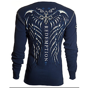 Archaic by Affliction Men's Thermal Shirt Spine Wings Navy M