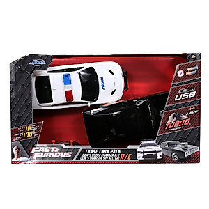 Jada Fast & Furious Chase Twin Pack- Dom's Dodge Charger R/T & Dodge Charger SRT Hellcat, Police & Chase Car Rc, USB Charged, Black and White