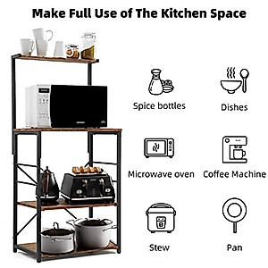 WYKDD 4 Tier Wooden Kitchen Storage Rack Bakery Shelf with 4 Tier Microwave Oven Farmhouse Rustic Industrial Style X Design Frame