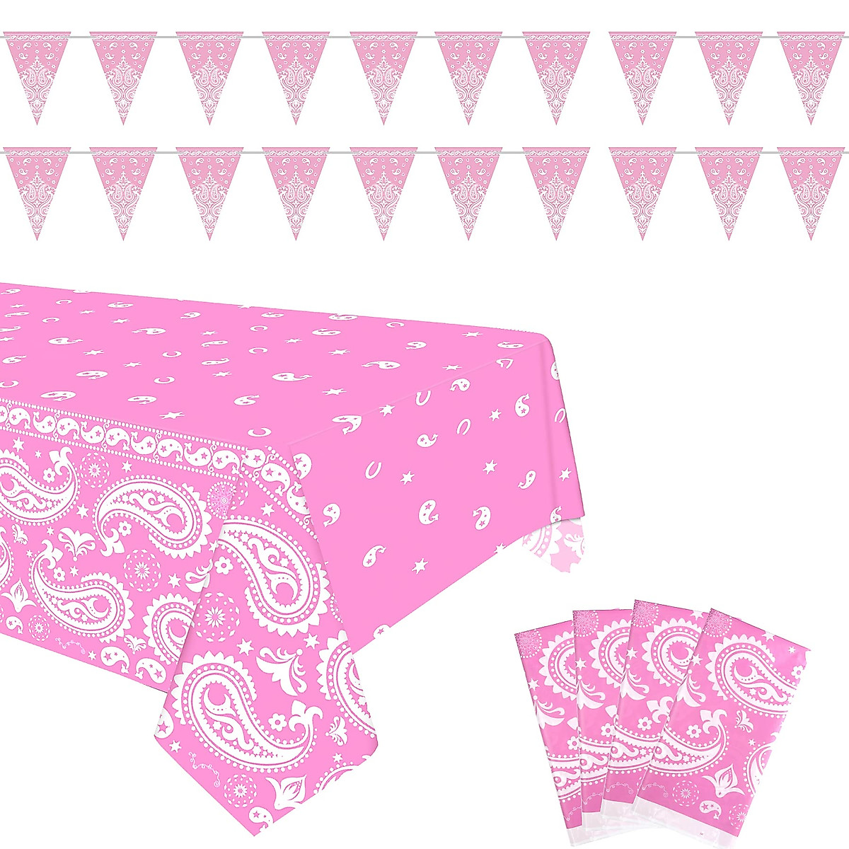 KEFAN Pink Western Cowgirl Horse Party Tablecloth Decorations, Bandana Table Cloth, Triangle Banner, Rectangle Floral Tablecloth for Western Cowgirl Cowboy Themed Party (4pcs)