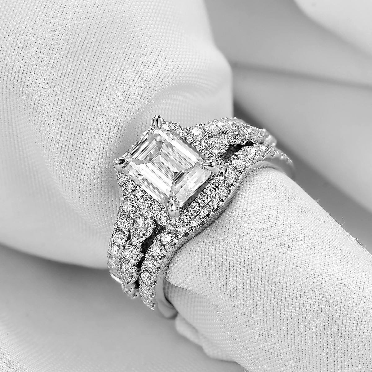 DovEggs Moissanite Engagement Rings for Women Center 3ct 7X9mm G-H-I Color Emerald Cut Moissanite Hidden Halo Engagement Ring Curved Enhancer Guard Wedding Band 14k Gold QUALITY Sterling Silver(7)