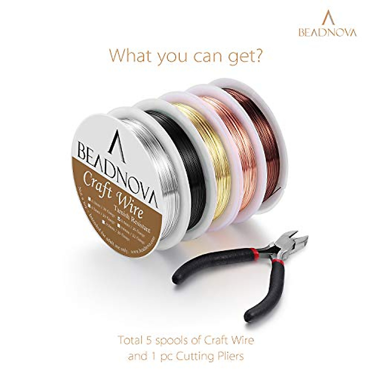 BEADNOVA Craft Wire Jewelry Beading Wire Tarnish Resistant Copper Wire for Jewelry Making with Cutting Pliers (5pcs, 26 Gauge)