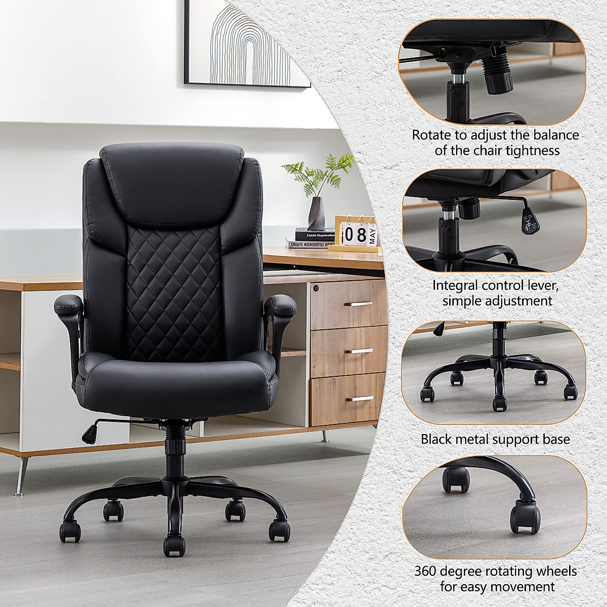 DYHOME Office Chair High Back Black Leather Executive Ergonomic Lumbar Support, Big and Tall Comfortable Home Office Computer Desk Chair Metal Base Modern Managerial Chair