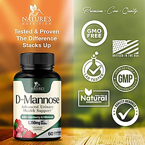 D-Mannose & Cranberry Extract 1350mg Advanced Formula, Fast-Acting Natural Urinary Tract Health Support for Women & Men, Flush Impurities in Urinary Tract & Bladder, Non-GMO, Vegan - 60 Capsules