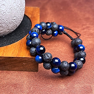 Protection Bracelet,Natural Blue Tiger Eye Black Lava Rock Stone Bracelet,Healing Bracelet for Men Women Bring Good Luck Prosperity and Happiness
