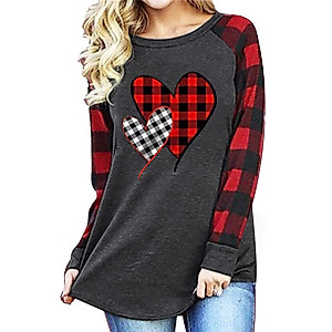 MHTOR Valentine's Day Shirt Women Buffalo Plaid Love Heart Graphic Tees Letter Print Long Sleeve Tops Shirts (Grey, X-Large)