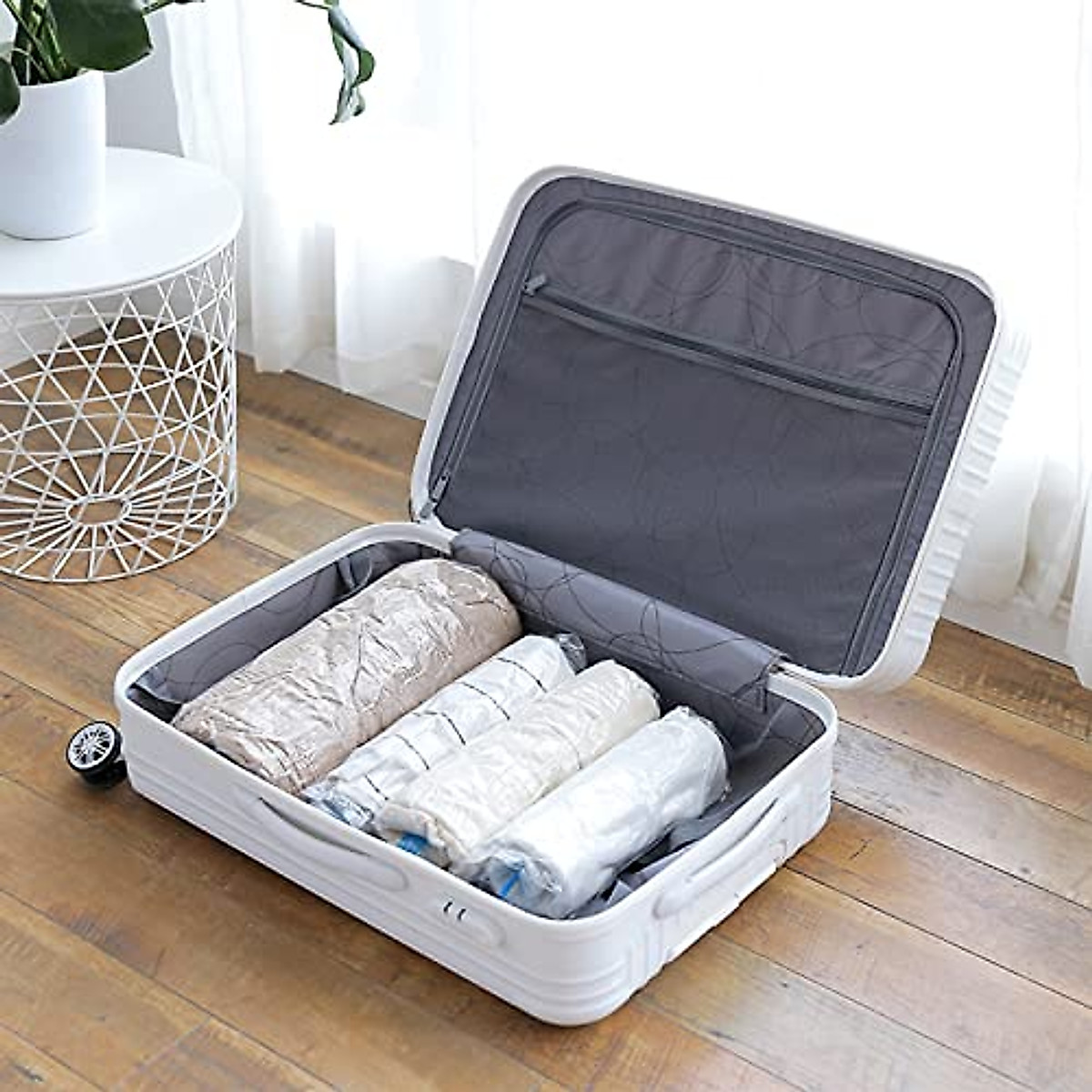 HANTURE 10Pcs Vacuum Travel Compression Bags Reusable Rolling Travel Space Saver Bags for Packing Suitcases Waterproof Clear Travel Storage Organizers Sacks, 13.7x19.6inch