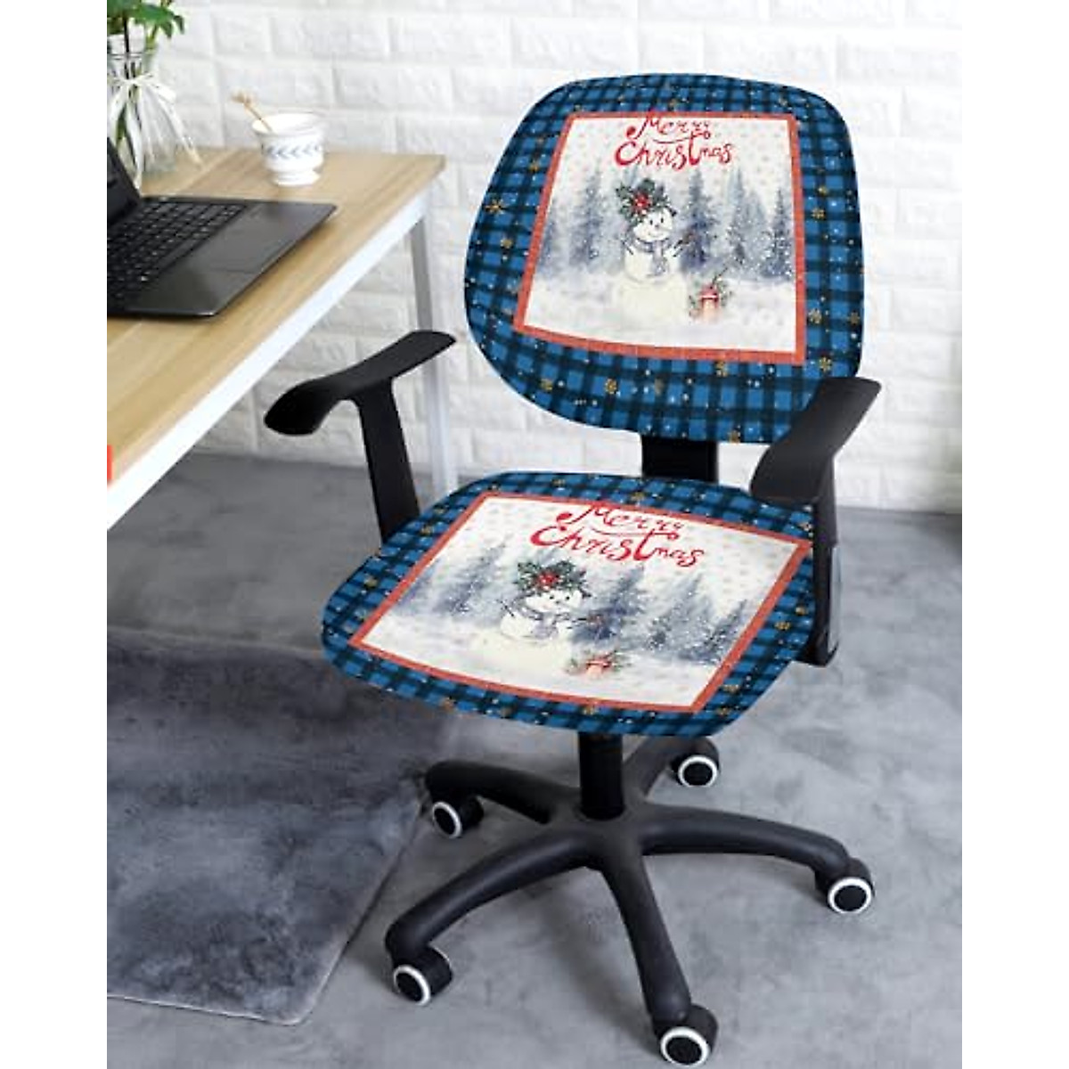 Christmas Plaid Snowman Office Chair Cover Stretchable Computer Chair Seat Cover Backrest Slipcovers, Stretchable Rotating Desk Chair Seat Cushion Split Protectors Buffalo Snowflake Snow Tree