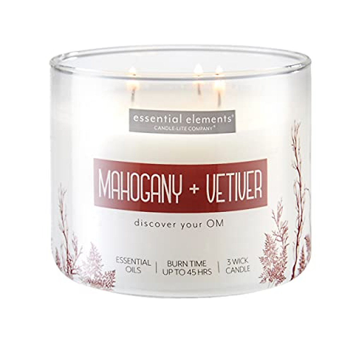 Essential Elements by Candle-lite Scented Candles, Mahogany & Vetiver Leaf Fragrance, One 14.75 oz. Three-Wick Aromatherapy Candle with 45 Hours of Burn Time, Off-White Color