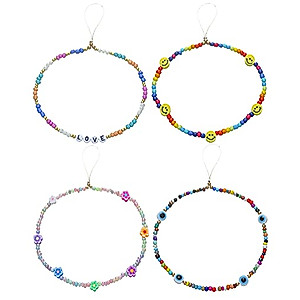 Taouzi 6PCS Beaded Phone Lanyard Wrist Strap Face Beaded Phone Charm Fruit Star Pearl Rainbow Color Beaded Phone Chain Strap for Women Girls