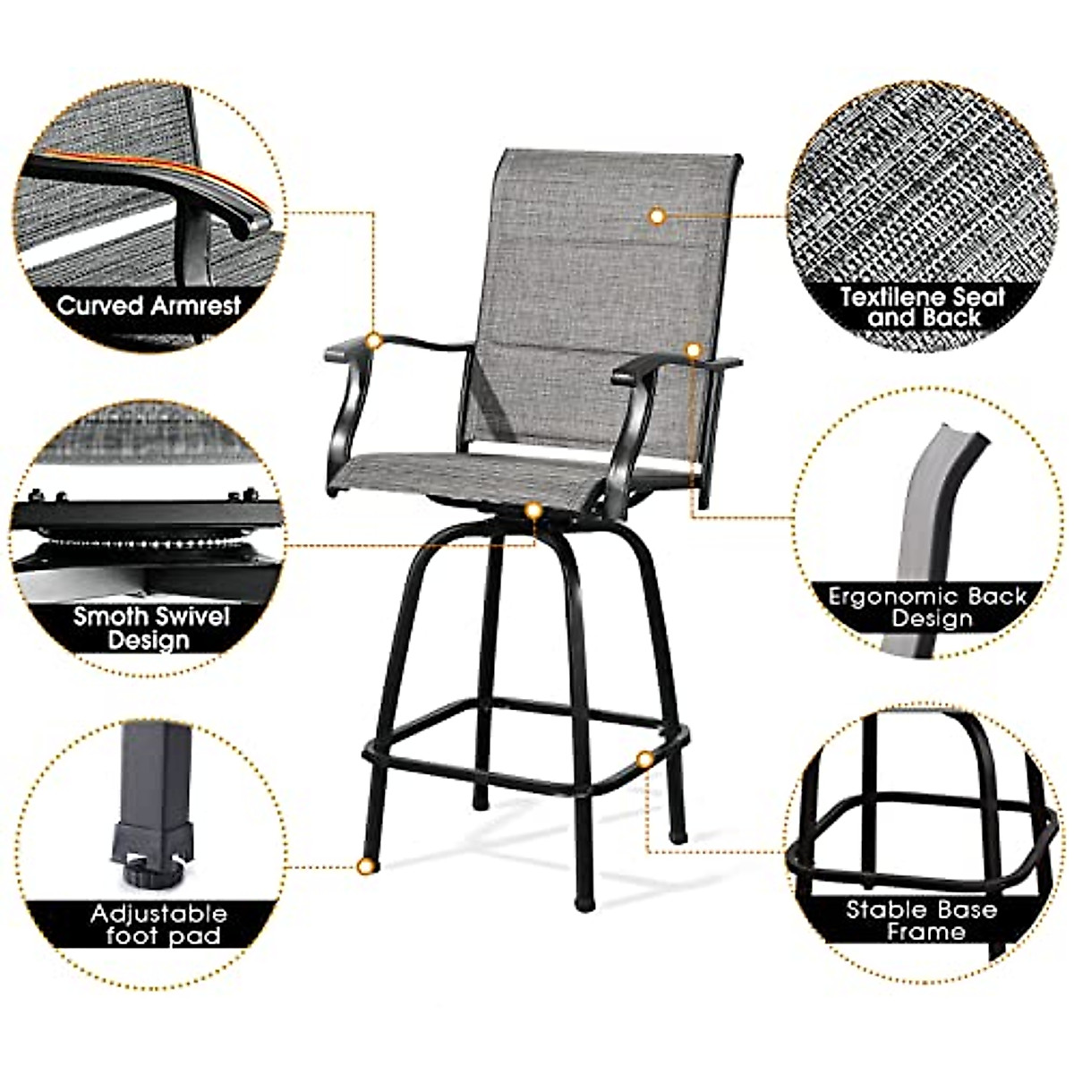 Kerrogee Patio Swivel Bar Stools, All-Weather Adapt Outdoor High Bistro Stools, Garden Furniture Bar Dining Chair, Height Chairs (6)