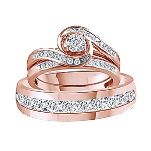 Jewel Zone US Round Cut White Cubic Zirconia Engagement and Wedding Bypass Trio Bridal Ring Set in 10k Solid Gold