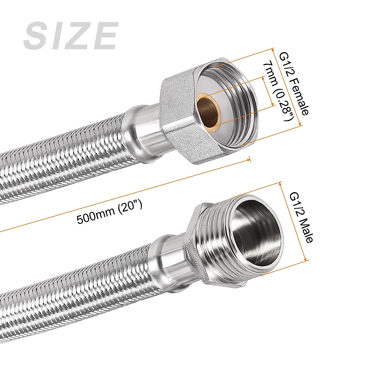METALLIXITY Faucet Supply Line Connector (500mm/20") 2Pcs, 304 Stainless Steel G1/2 Female to G1/2 Male Water Supply Hose Connector - for Kitchen Bathroom