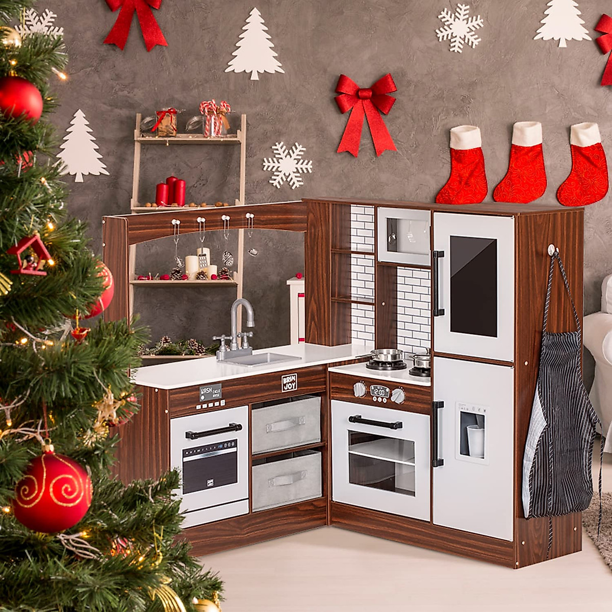 BRINJOY Corner Play Kitchen for Kids, Wooden Toddler Kitchen Playset w/Faucet, Sink, Microwave, Oven, Apron, Blackboard, Storage Cabinets, Pretend Cooking Toys w/Sound & Light Gift for Ages 3+