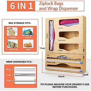 Foil and Plastic Wrap Organizer with Ziplock Bag Organizer - Evdekoru 6 in 1 Bamboo Aluminum Foil Dispenser with Cutter for Kitchen Drawer, Plastic Food Bag Organizer for Gallon,Quart,Sandwich
