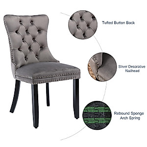 MZDOO Velvet Dining Chairs Set of 6, Tufted Upholstered Dining Room Chairs with Back Ring Pull, Nailhead Trim and Solid Wood Legs, Modern Dining Chair for Dining Room, Kitchen(Grey)