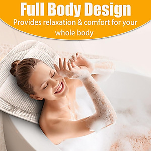 POOIKTFY Full Body Bath Pillow(50.79 x 15.75”x 0.9”),5D Air Mesh & Quick Drying, Bath Pillows for tub & 21 Non-Slip Suction Cups, Spa Bathtub Pillow for Head Neck Shoulder Support (White)