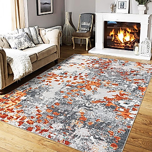 GarveeHome Area Rug 10x13 Machine Washable Rug Modern Abstract Rug for Living Room Non Slip Non Shedding Indoor Floor Cover Accent Rug for Living Room Bedroom, Orange/Grey