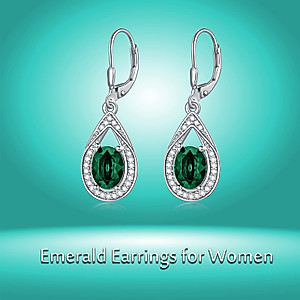 Emerald Green Leverback Earrings Sterling Silver Teardrop Earrings with Simulated May Birthstone Oval Crystal from Austria