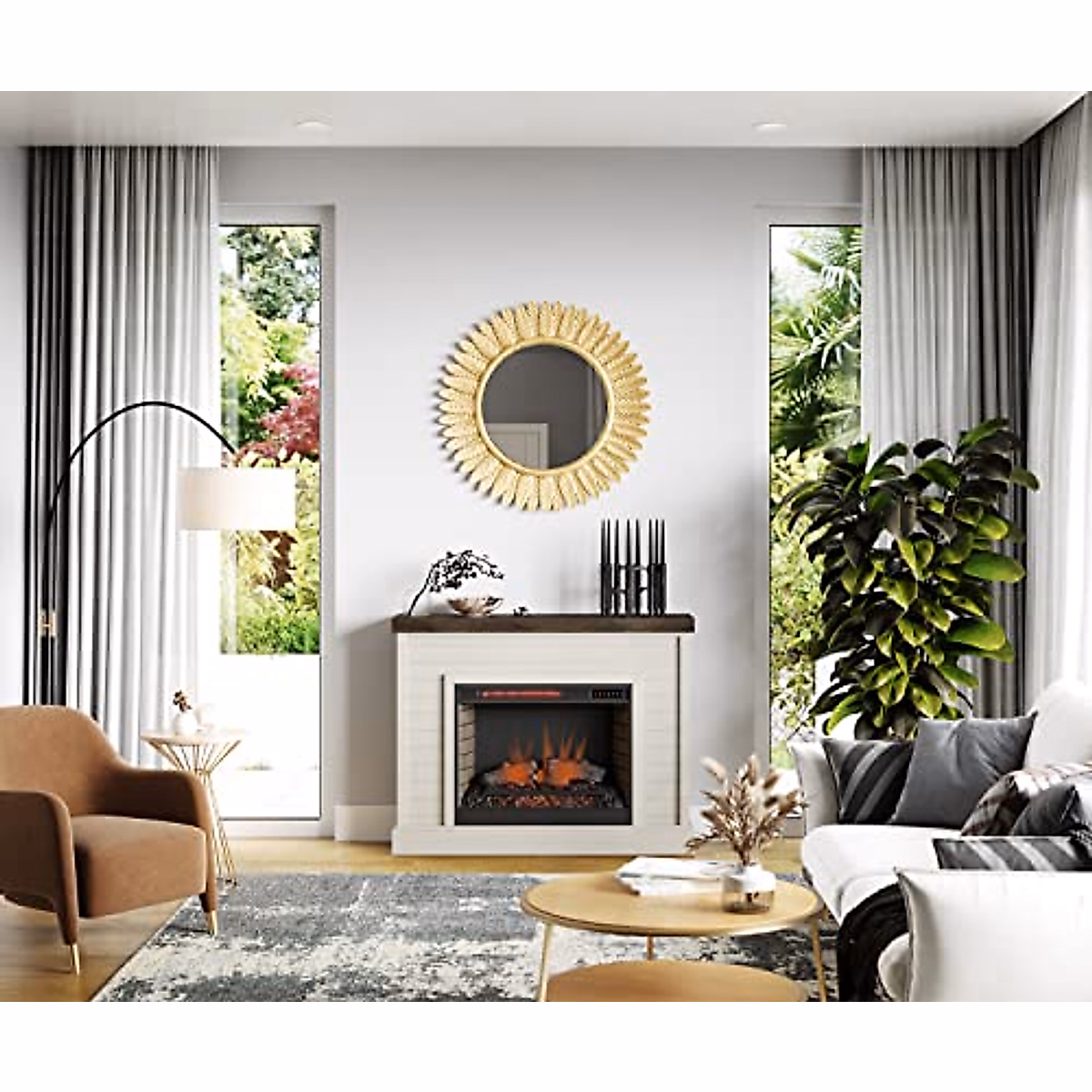 Bridgevine Home Electric Fireplace Mantel with Accent Wood Shelf and Surround, Realistic Logs and Flame Effect, Fireplace TV Stand, Adjustable LED Electric Heater with Remote Control, 48 Inch, White