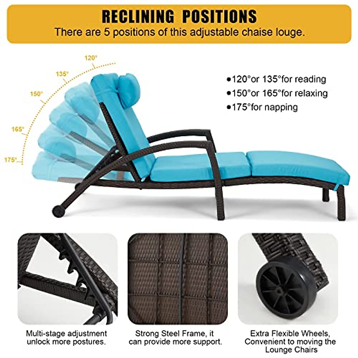 HOMREST Outside Chaise Lounge Chairs Set of 2, Adjustable 6 Position Outdoor PE Rattan Wicker Patio Pool Lounge Chair with Cushion, Arm, Pillow and Wheels for Poolside Backyard Deck Porch Garden