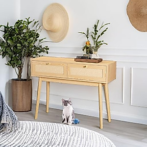 TYBOATLE Kraft Woven Rattan Console Table with 2 Drawers, Narrow Wood Entry Way Table, Modern & Boho Accent Sofa Bar Table for Entryway, Foyer, Front Hall, Hallway, Living Room (Natural Ash)
