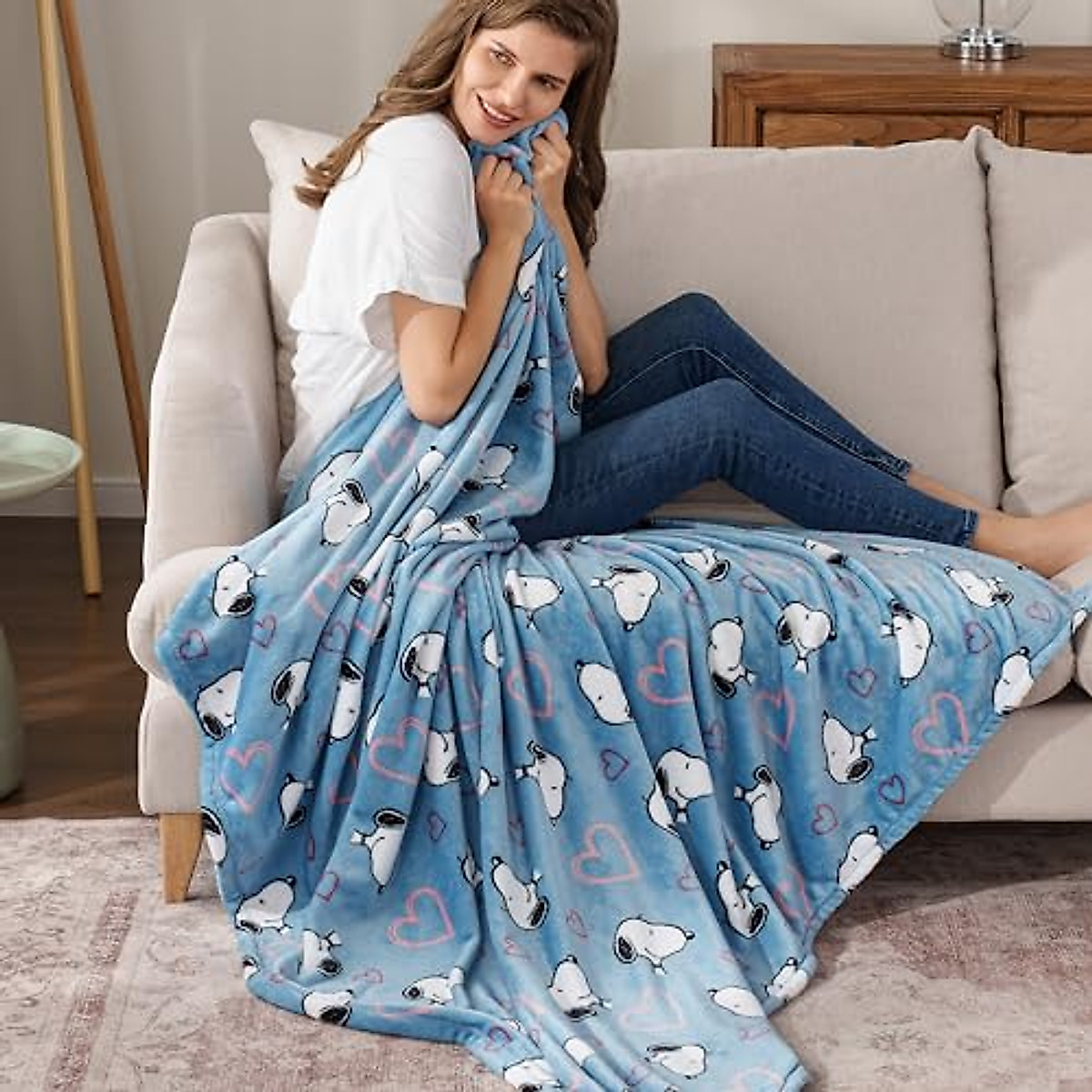 Berkshire Blanket Peanuts® VelvetLoft® Cute Character Snoopy Plush Throw Blanket,Peanuts Snoopys Heart Toss Blue,Throw 55 in x 70 in (Official Peanuts® Product)