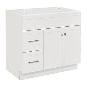 ARIEL 36" White Bathroom Vanity Base Cabinet, Right Offset Sink Configuration, 2 Soft-Closing Doors, 2 Full Extension Dovetail Drawers, 1 Enclosed Large Storage Shelf, Brushed Nickel