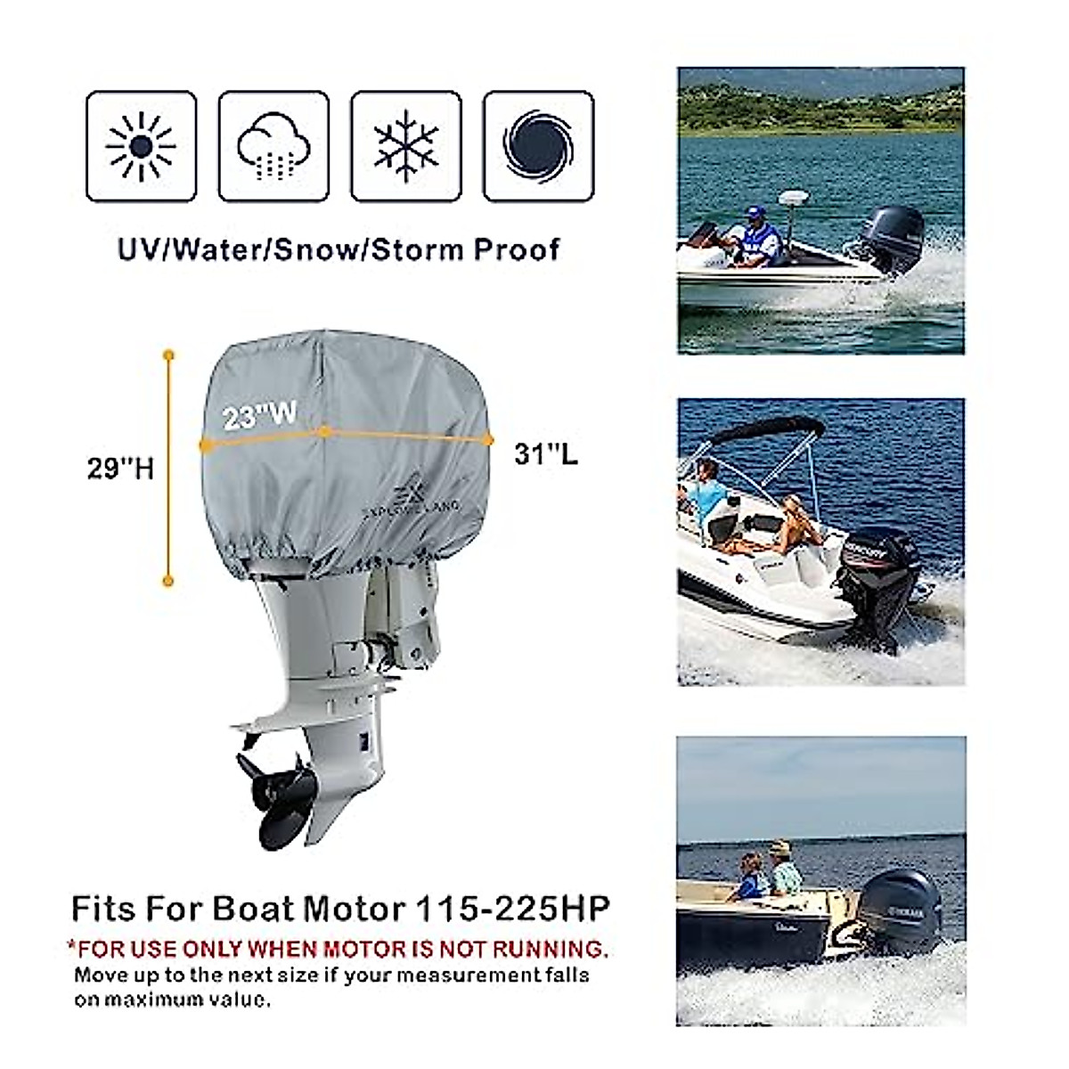 Explore Land Outboard Motor Cover - Waterproof 600D Heavy Duty Boat Engine Hood Covers - Fit for Motor 115-225 HP, Grey